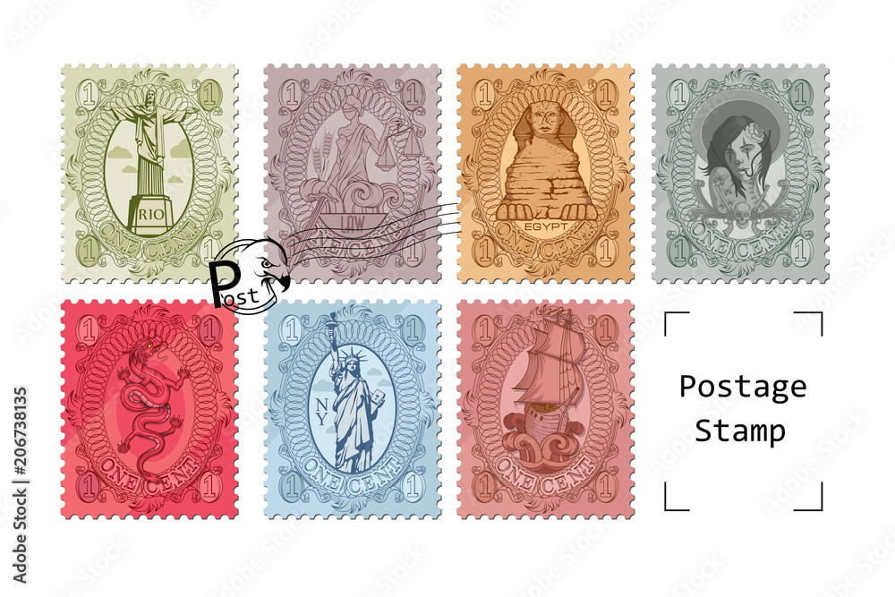 Postage travel stamps set. Post emblem on white background. Mark ...