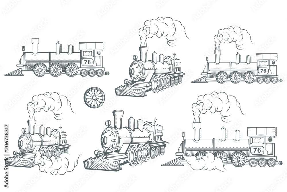 Set of different locomotive. Old train logo. Locomotive drawing. Steam ...