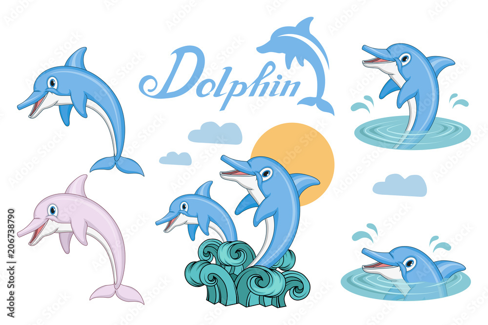 Dolphin set. Cartoon dolphin. Sea animal. Vector graphics to design ...