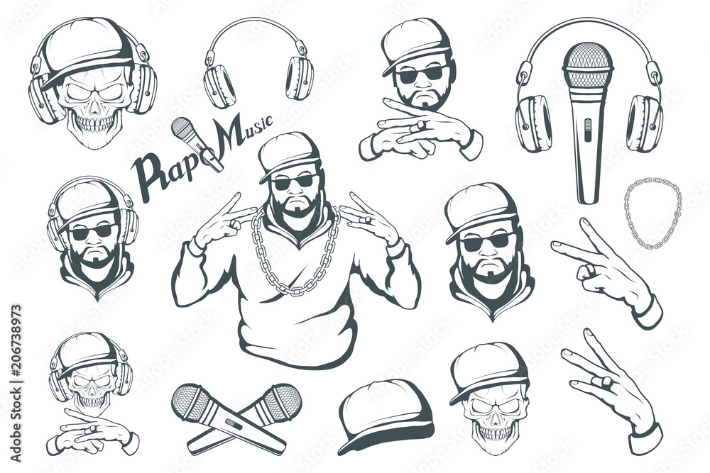 Rap music set. Rapper skull on white background. Lettering with a ...