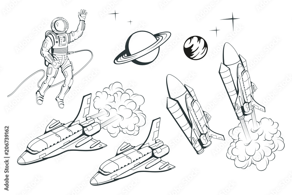 Set of illustrations on a space theme. Space shuttle. Hand drawn ...