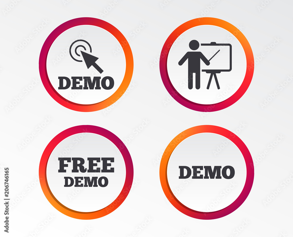 Demo with cursor icon. Presentation billboard sign. Man standing with ...