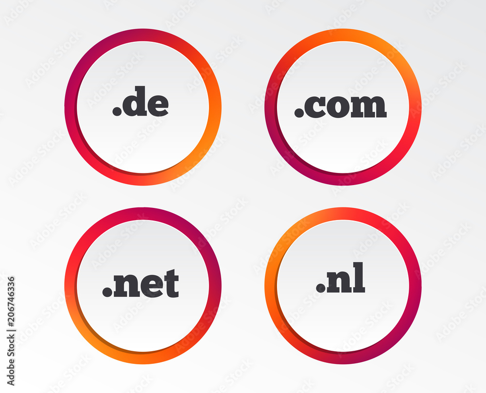 Top-level internet domain icons. De, Com, Net and Nl symbols. Unique ...
