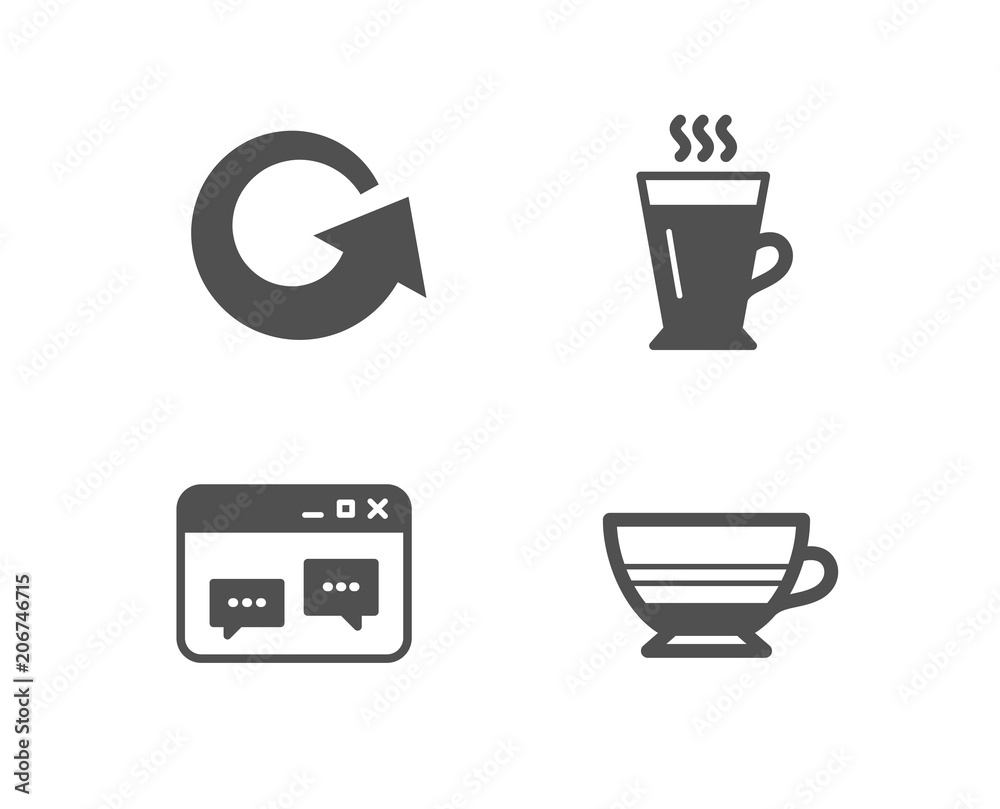 Set of Reload, Latte and Browser window icons. Mocha sign. Update, Tea ...