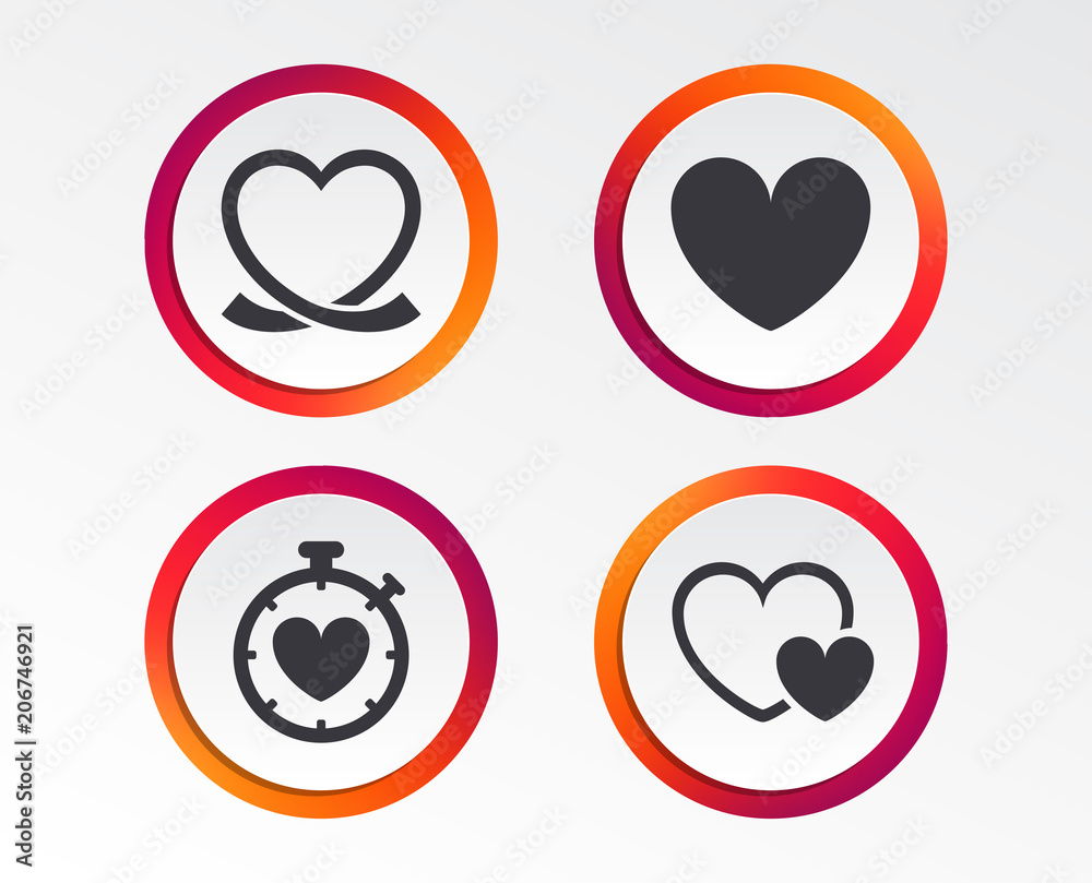 Heart ribbon icon. Timer stopwatch symbol. Love and Heartbeat ...