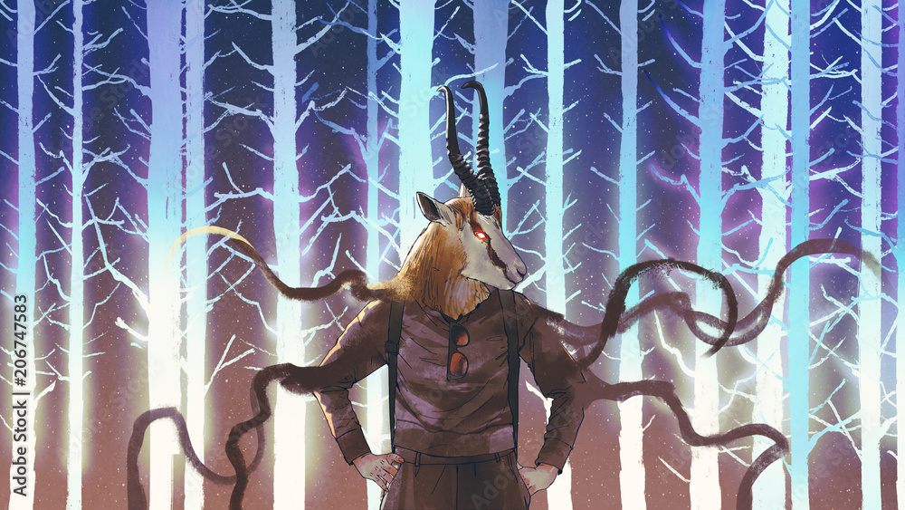 human with springbok head standing on background of forest, digital art ...