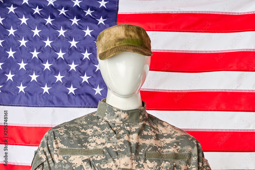 Camouflage soldier uniform with cap. Portrait of mannequin soldier ...