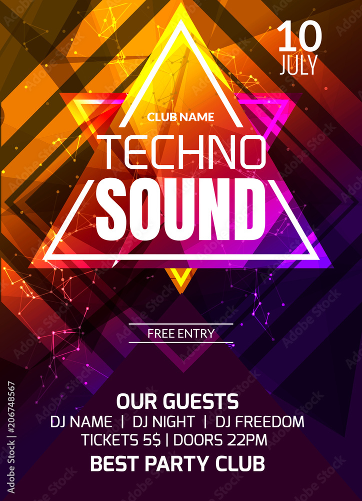 Techno sound music party template, dance party flyer, brochure. Party ...