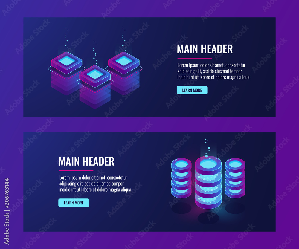 Data center and database banners, server room icons, cloud storage ...