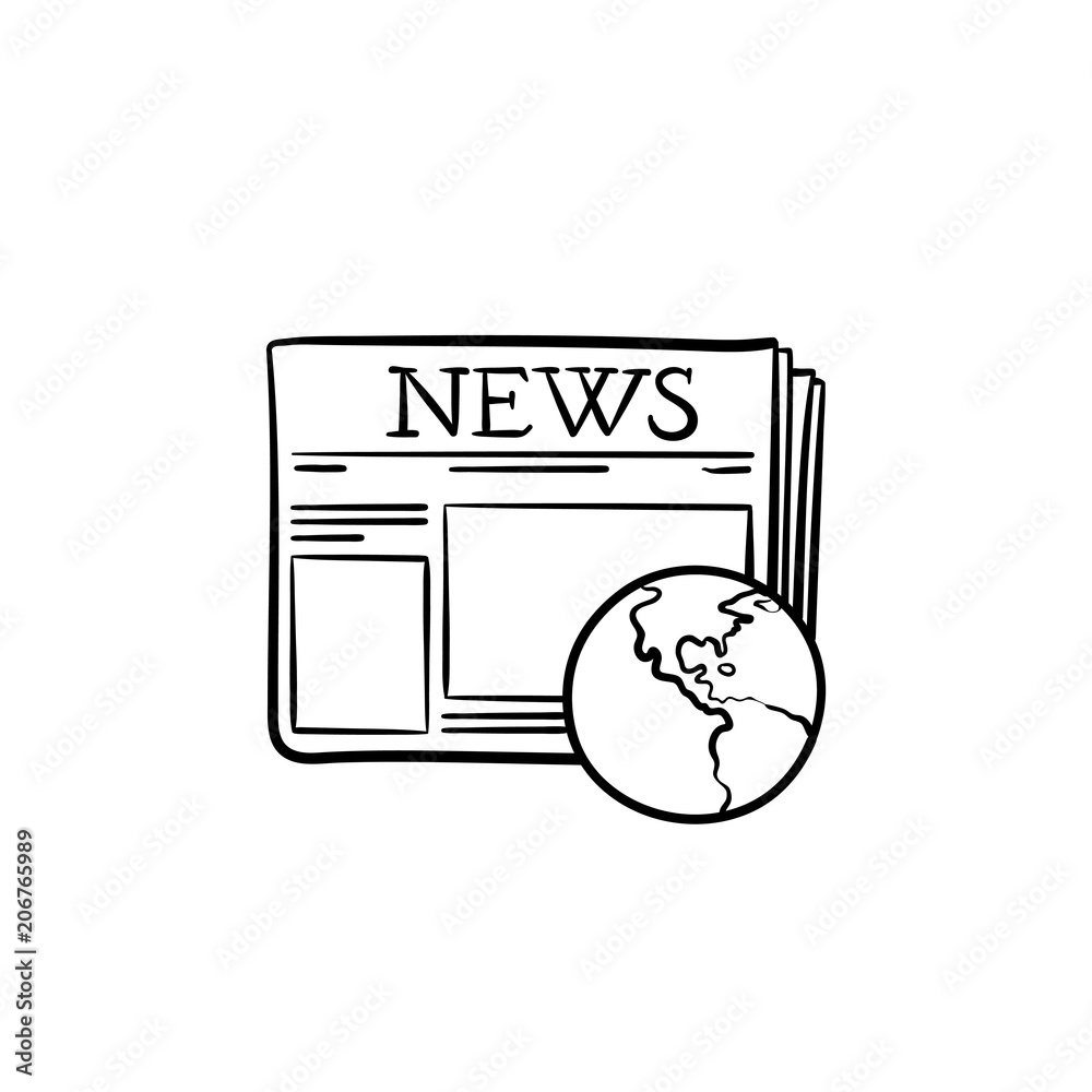 A newspaper hand drawn outline doodle icon. International breaking news ...