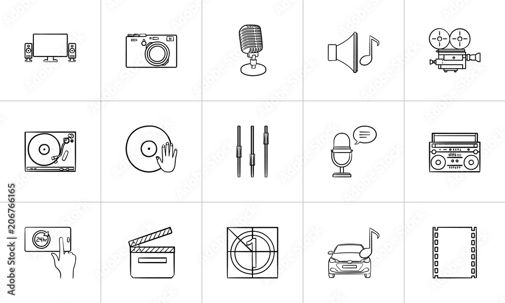 Media hand drawn outline doodle icon set for print, web, mobile and ...