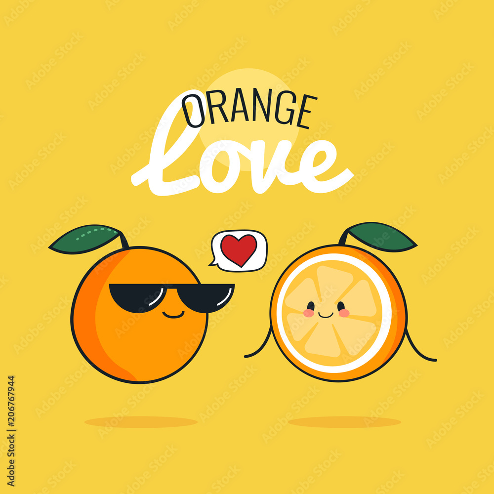 Orange cartoon characters, Cute fruit couple, Vintage poster flat ...