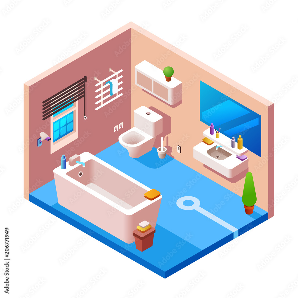 Vector isometric bathroom interior background cross section template ...