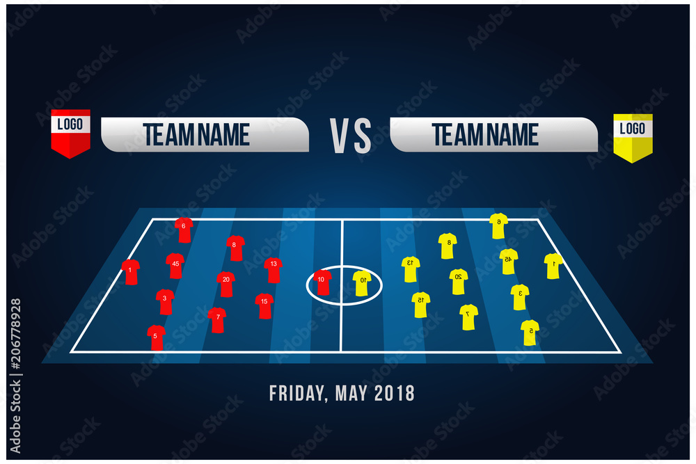 soccer or football field with team formation. 3D starting line up ...