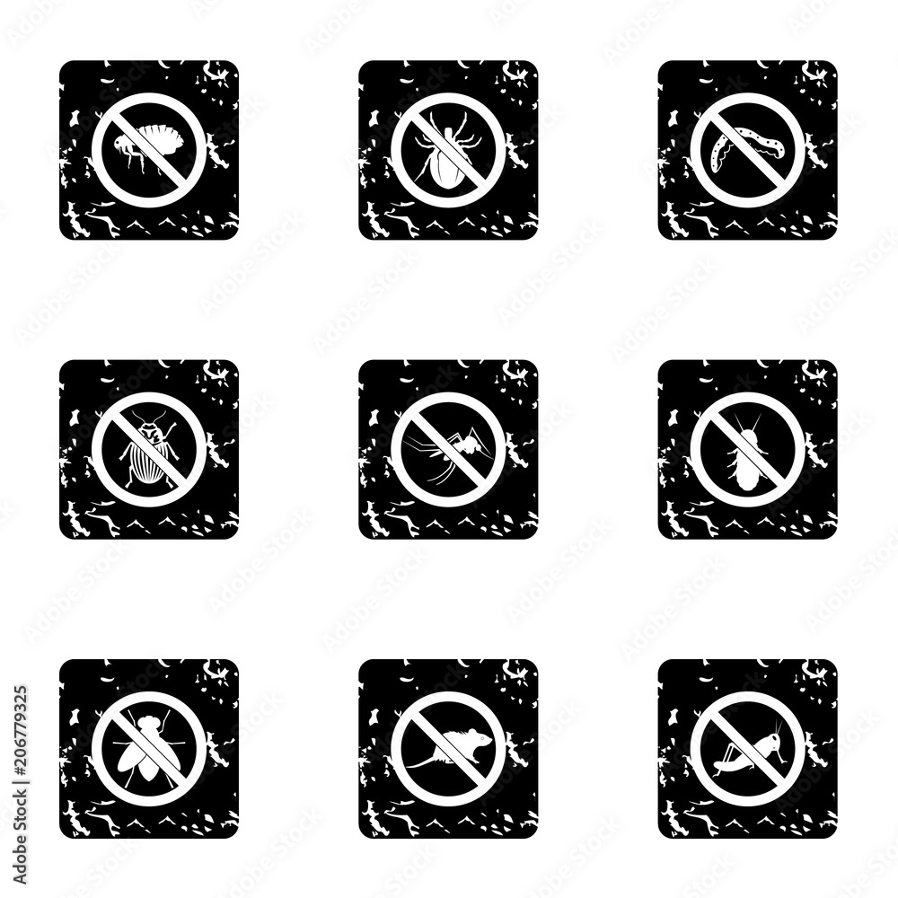 Signs of insects icons set. Grunge illustration of 9 signs of insectsn ...