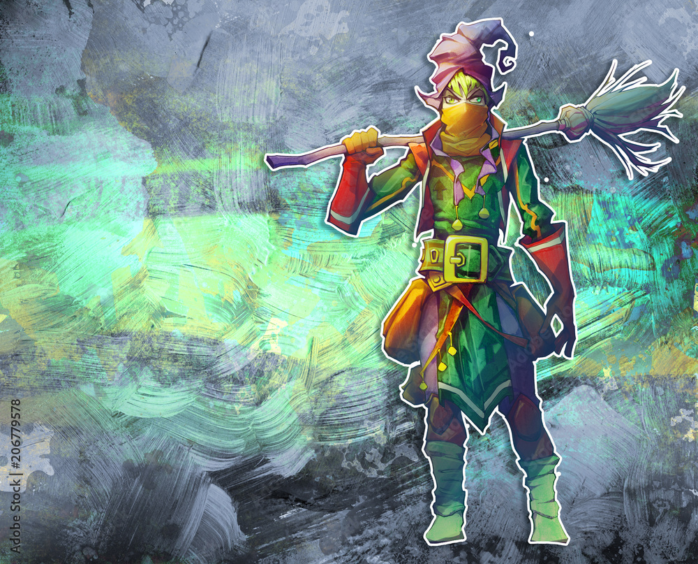 Hand drawn illustration of a funny cartoon anime janitor character with ...