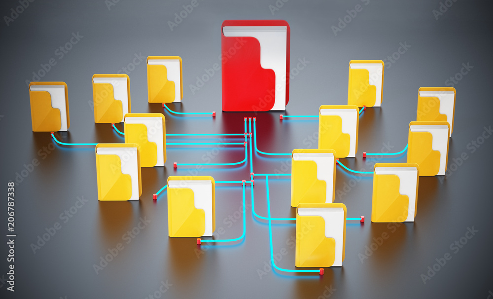 Folders connected to each other in a network. 3D illustration Stock ...
