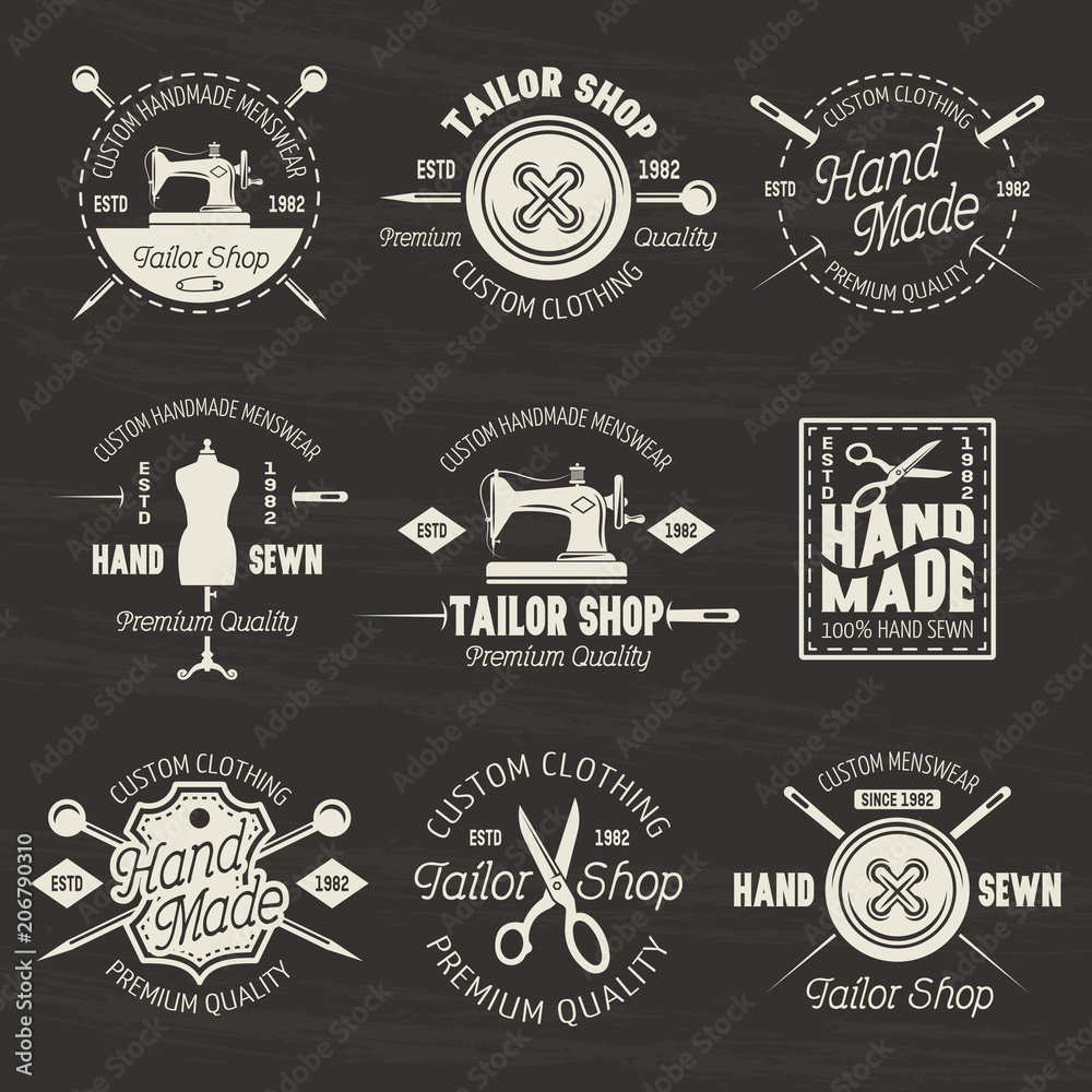 Tailor shop vector light emblems or badges on dark Stock Vector | Adobe ...