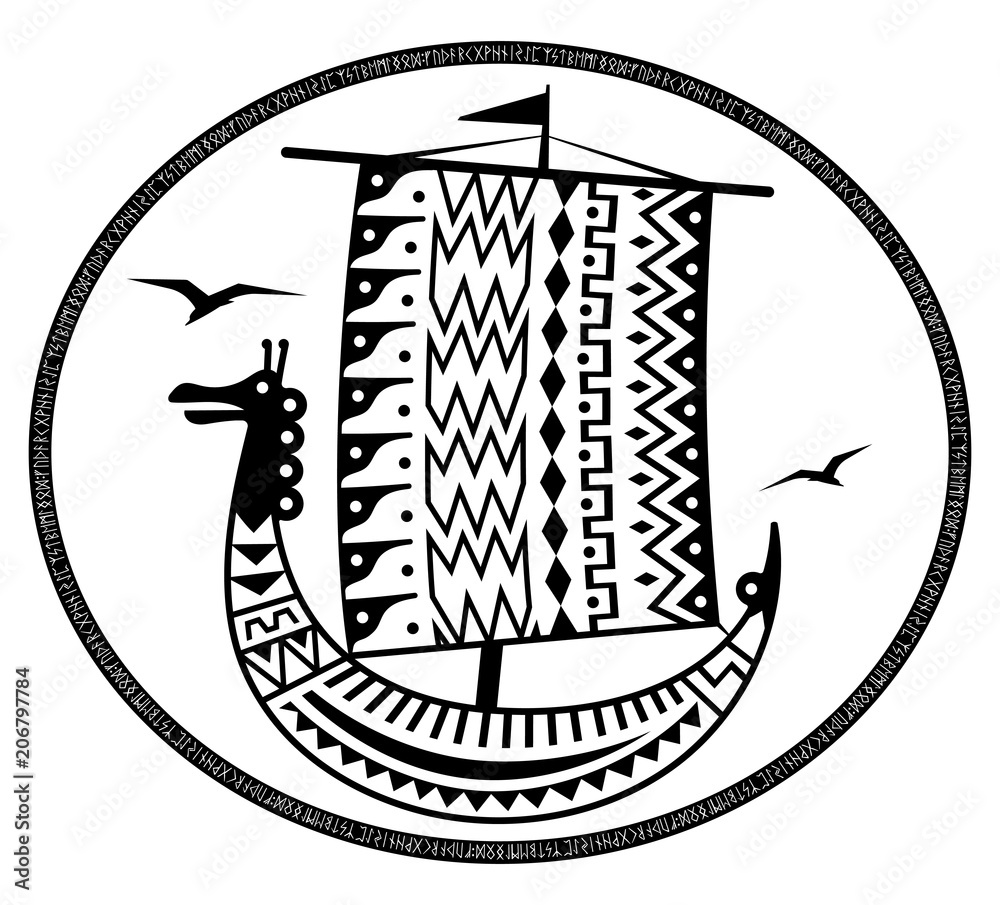 An ancient Scandinavian image of a Viking ship decorated with an ...