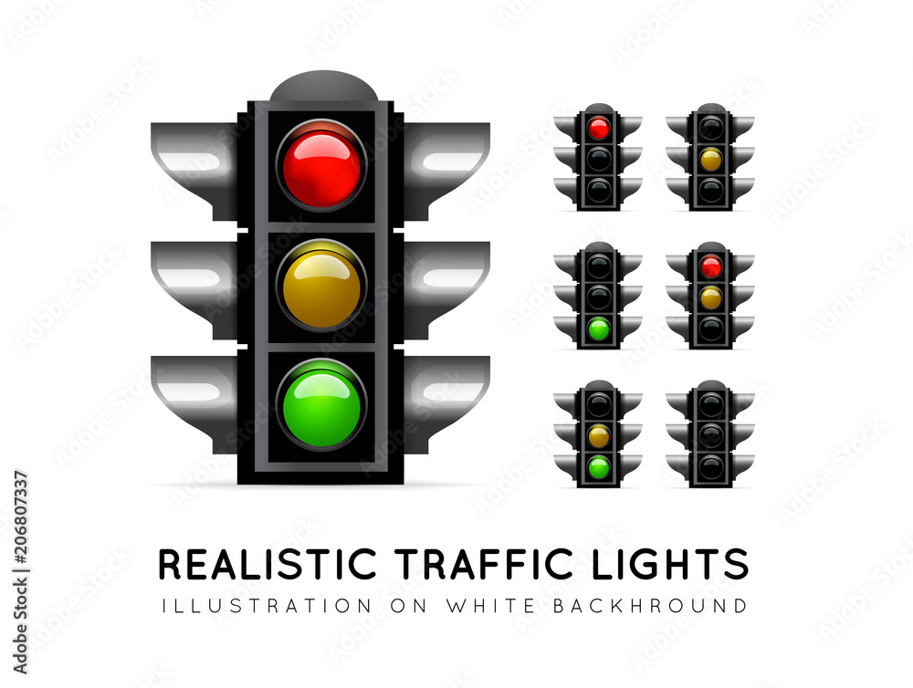 Realistic traffic light on a white background, in various color ...