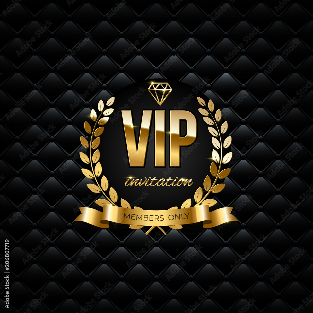 Vector golden ribbon, laurel wreath and VIP invitation text on black ...