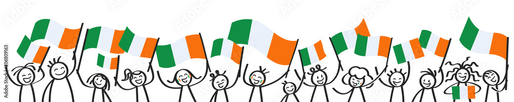 Cheering crowd of happy stick figures with Irish national flags ...