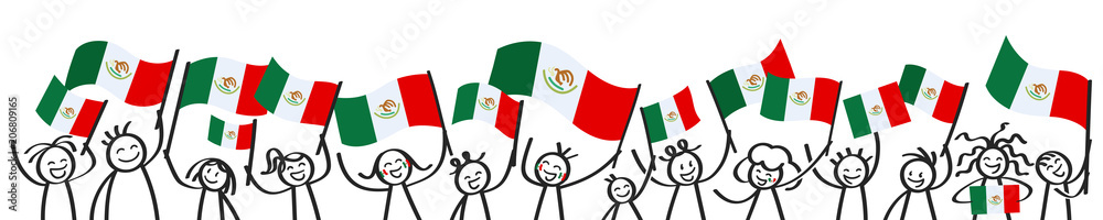 Cheering crowd of happy stick figures with Mexican national flags ...