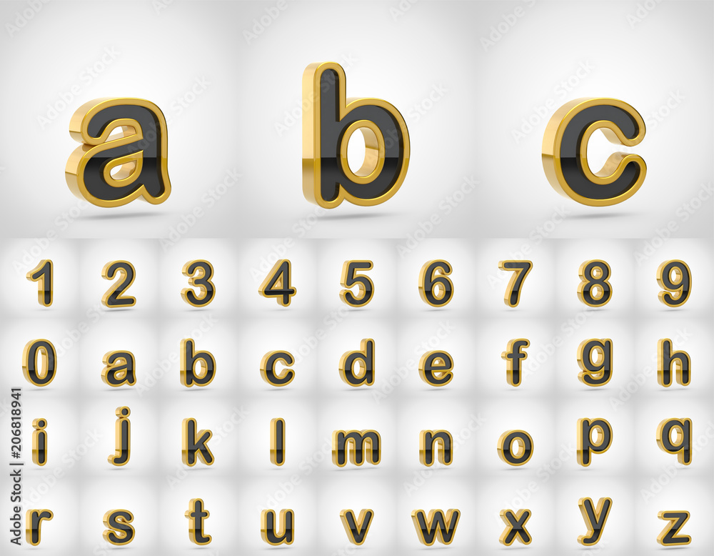 Black with gold alphabet letters lowercase isolated on white background ...