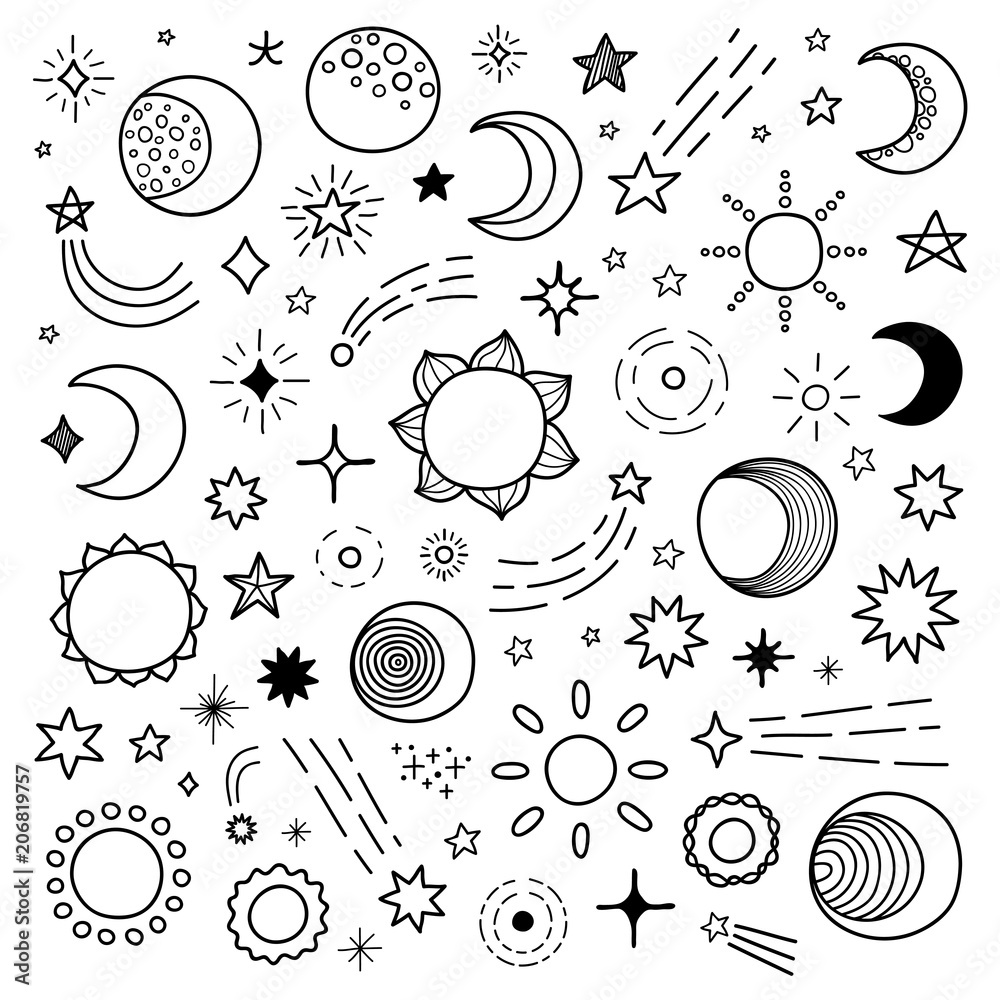 Set of doodle stars, sun, moon. Stock Vector | Adobe Stock