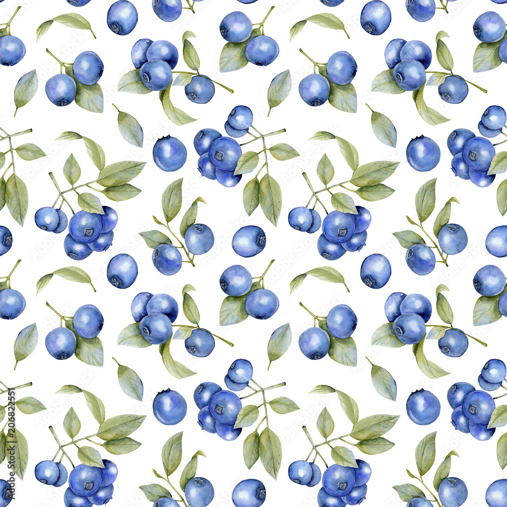 Watercolor blueberries seamless pattern, hand painted on a white ...