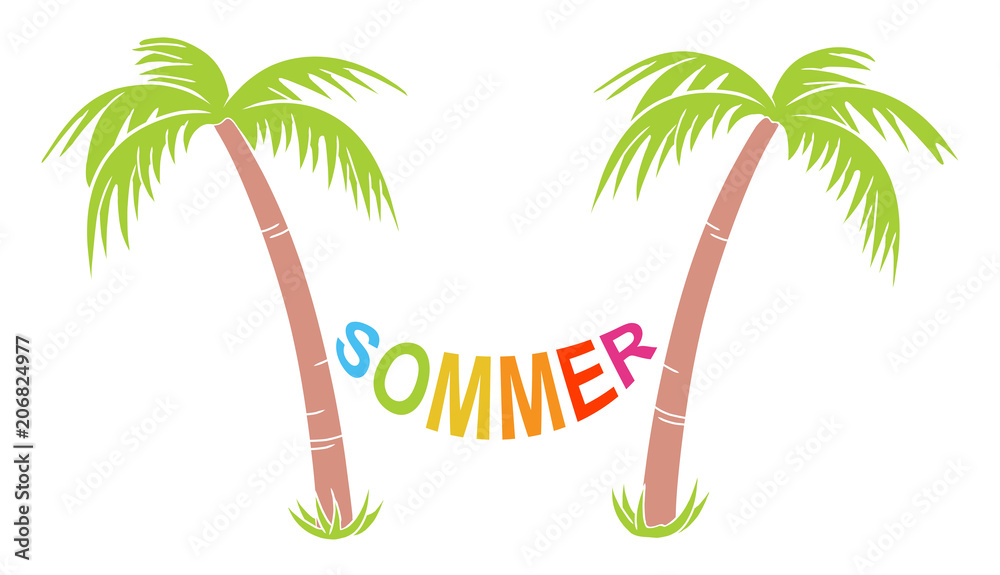 Zwei Palmen mit Hängematte „SOMMER“ / Farbig / Flat Design Stock ...
