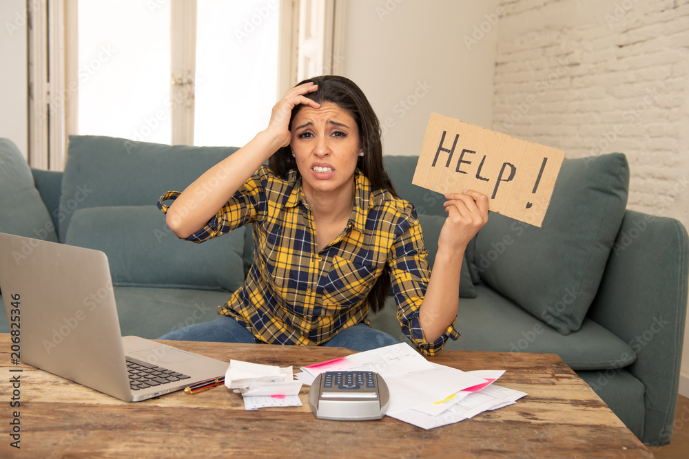 Attractive desperate woman asking for help in managing expenses. Cost ...