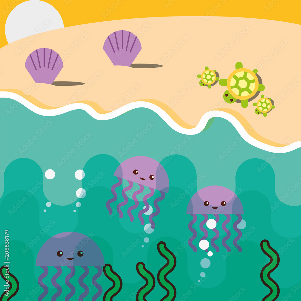 underwater jellyfish sea life beach turtles and clam vector ...