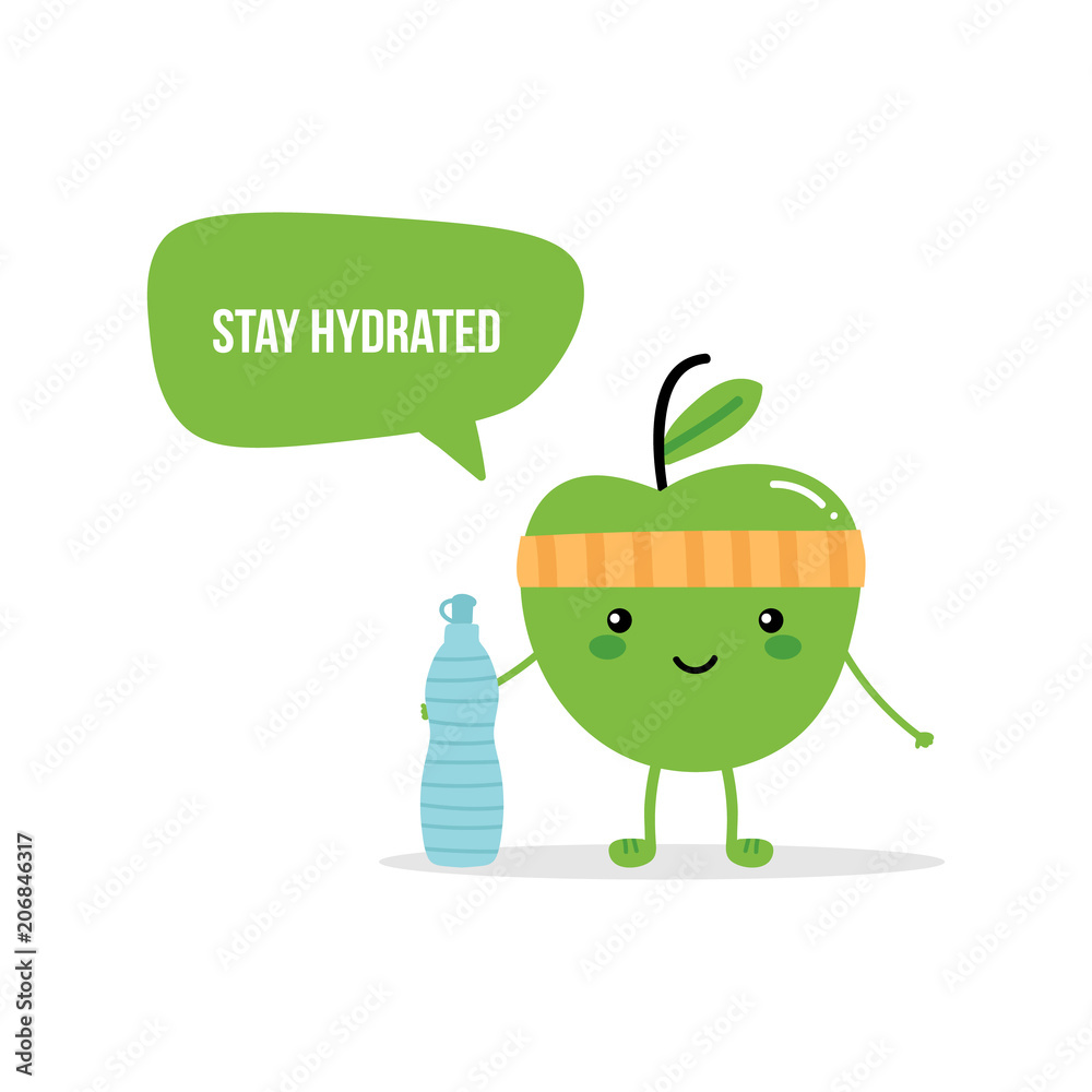 Cute fitness green apple character giving advice to stay hydrated ...