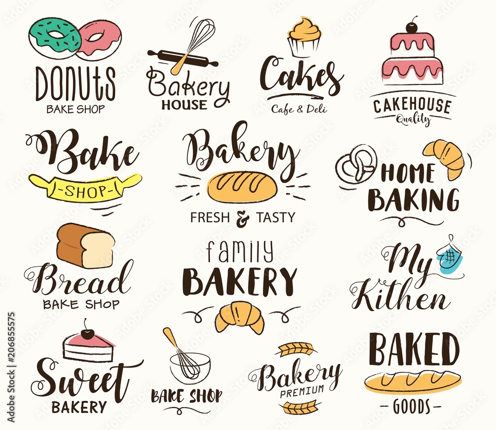 Bakery labels, logos, hand drawn tags and elements set for bakery shop ...