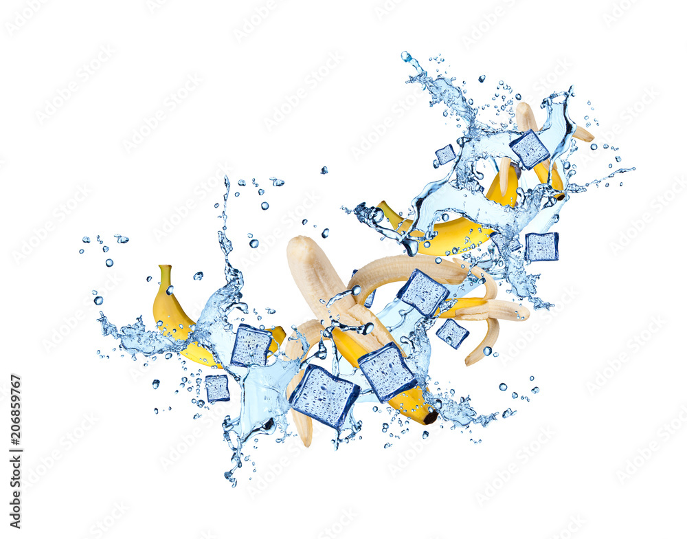 Water splash with banana isolated on white background. Splash with ...