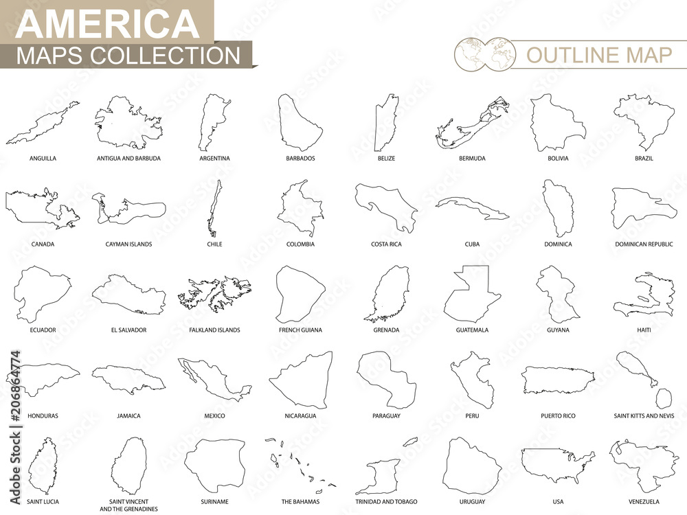 Outline maps of American countries collection. Stock Vector | Adobe Stock