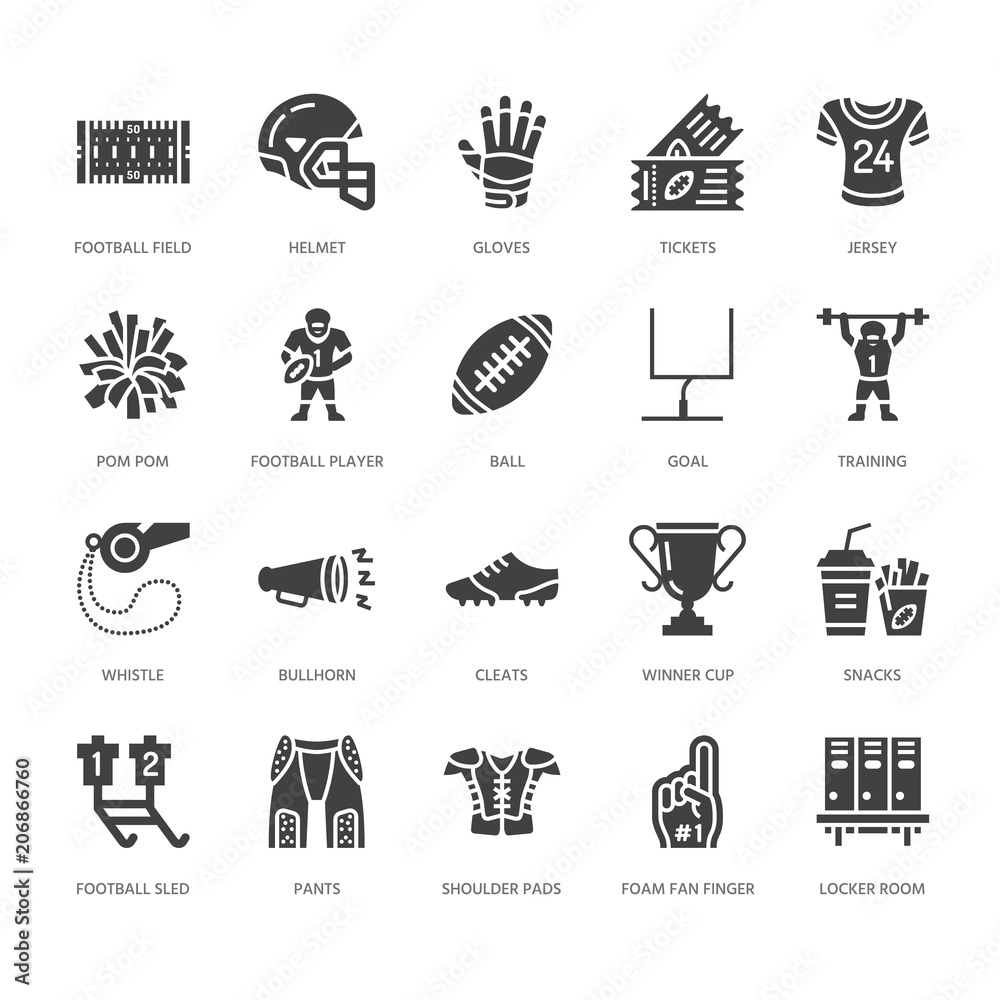 American football, rugby vector flat glyph icons. Sport game elements ...
