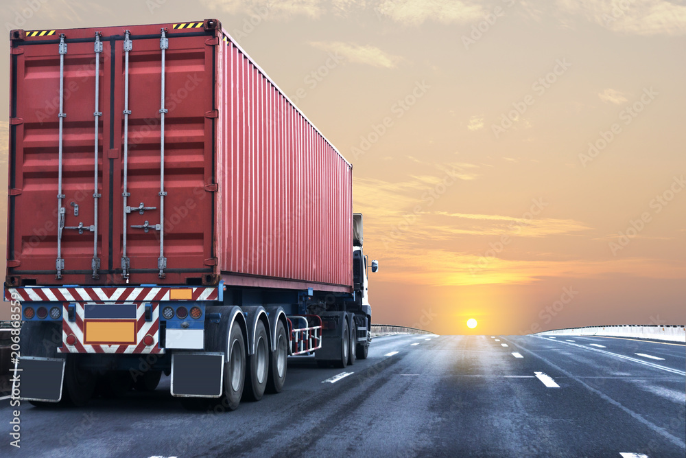 Truck on highway road with red container, transportation concept ...