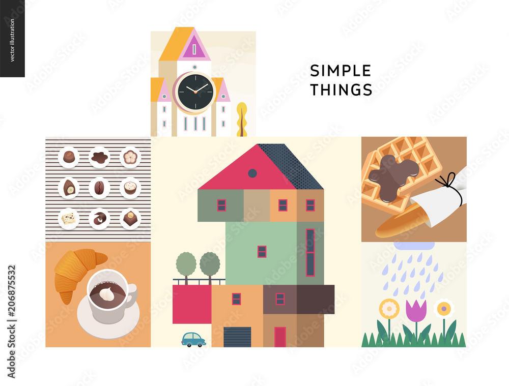 Simple things - color set - flat cartoon vector illustration of clock ...
