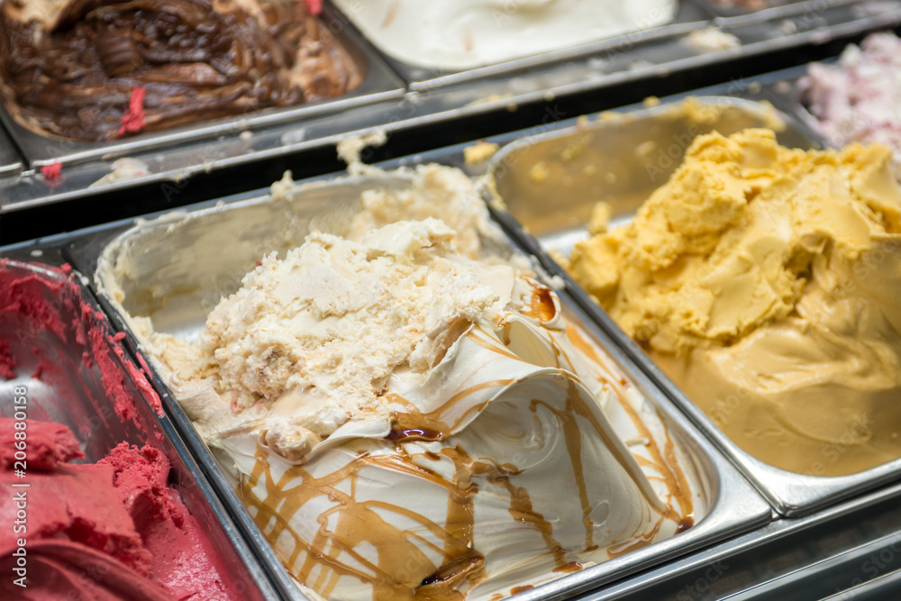 Different types of Italian natural gelato ice cream in showcase in ...