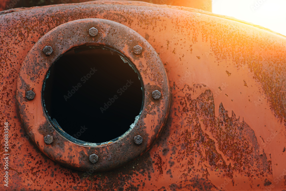 Close up background of rusty metal tank with rusty circular hole Stock ...