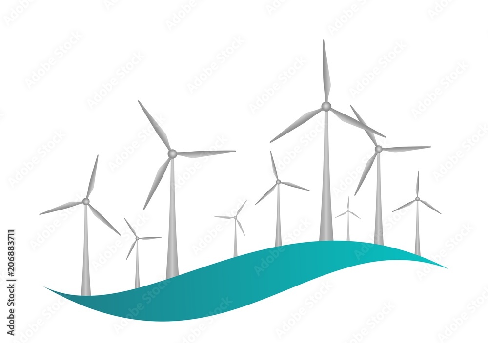 Gray wind turbines with engine and propellers on a blue wave on a white ...