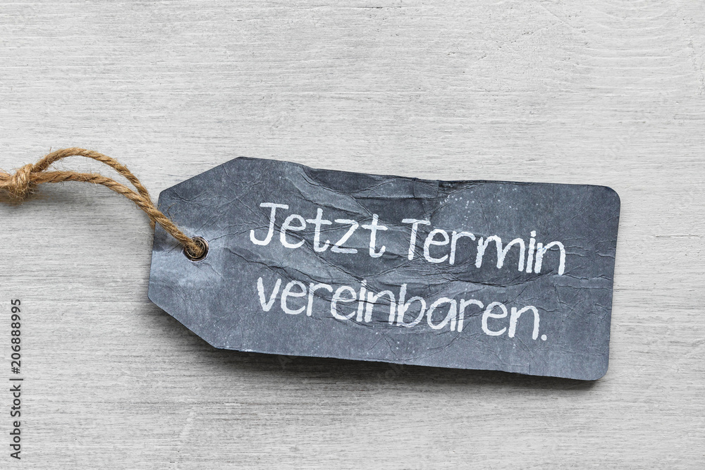 Jetzt Termin vereinbaren. Used look label Stock-Foto | Adobe Stock