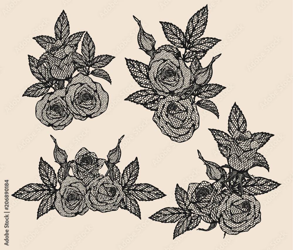 Rose vector lace by hand drawing.Beautiful flower on brown background ...