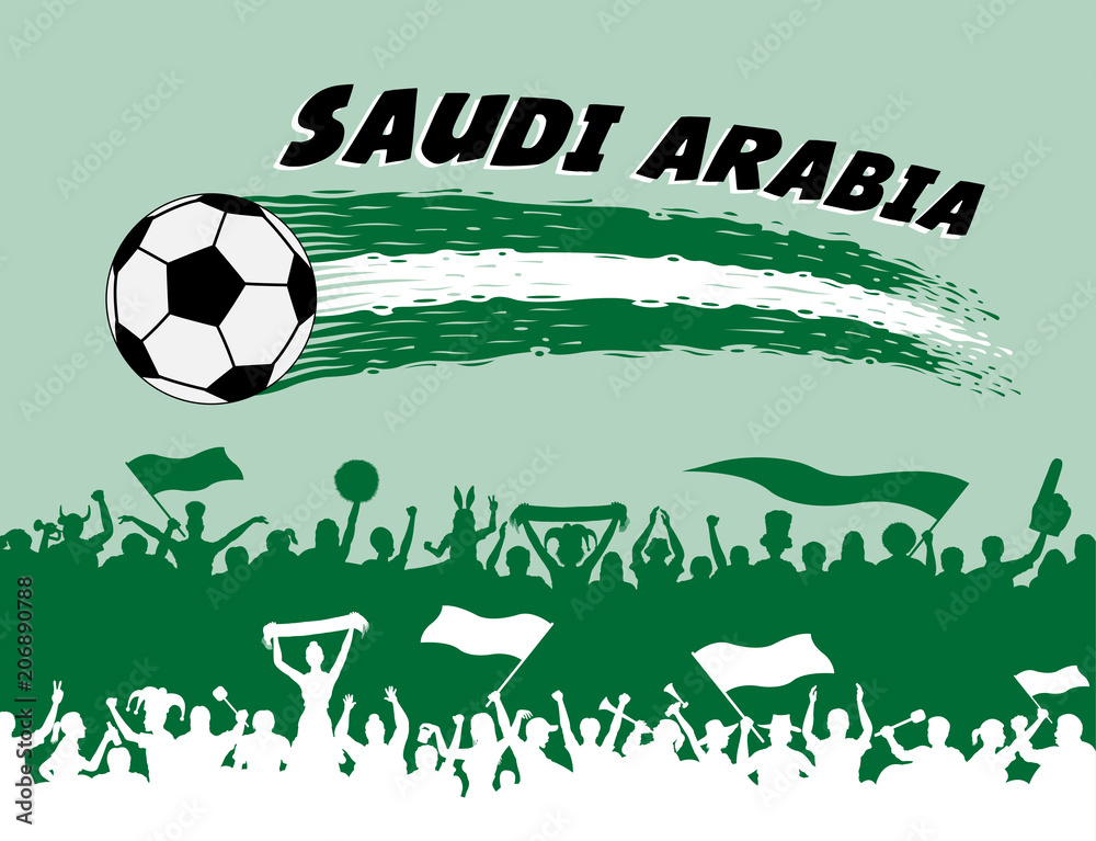 Saudi Arabia flag colors with soccer ball and Arab supporters ...