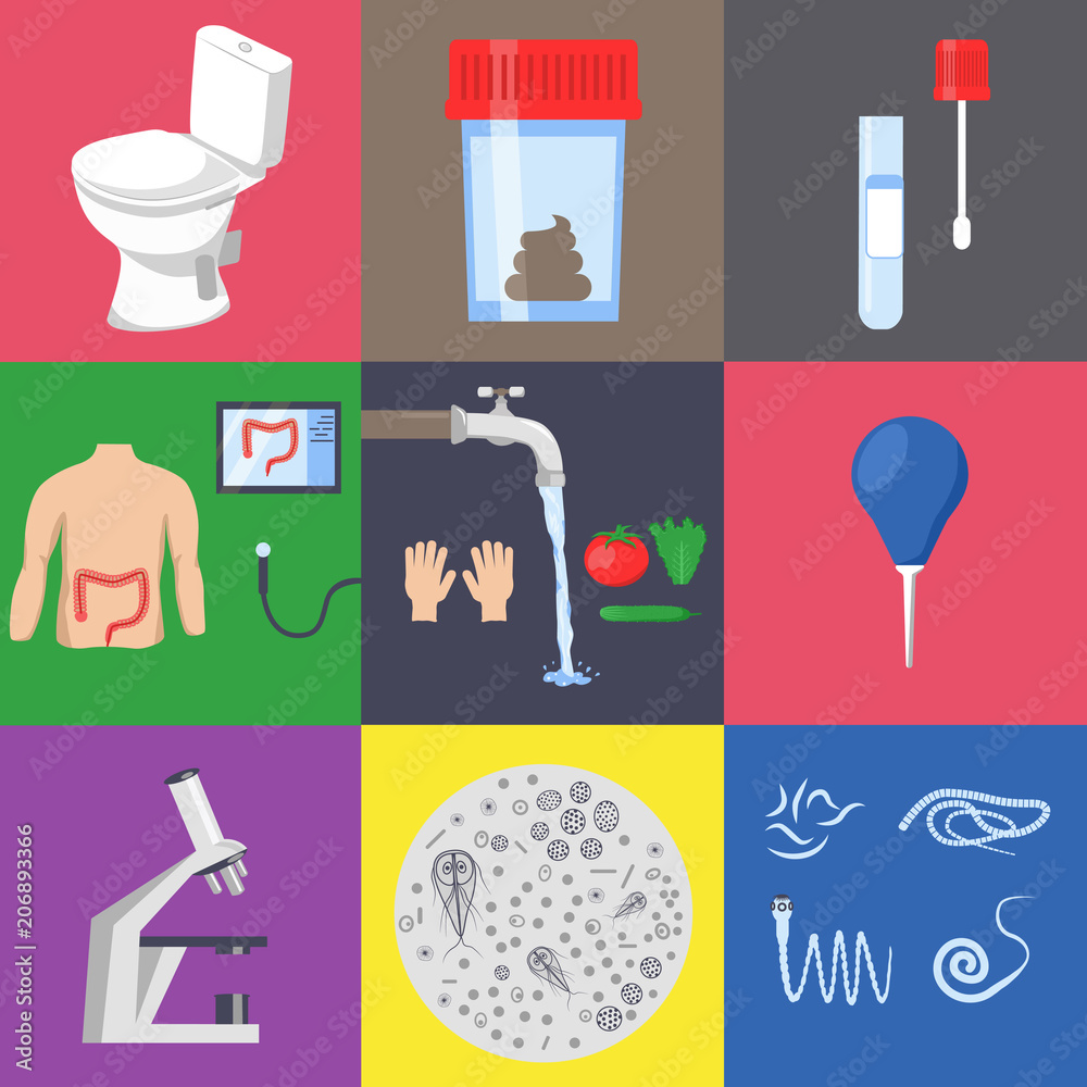 Feces or stool test analysis. Color vector icons set. Medical ...