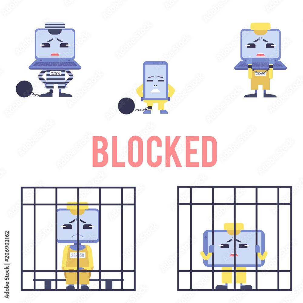 Blocked computer devices set isolated on white background - flat ...
