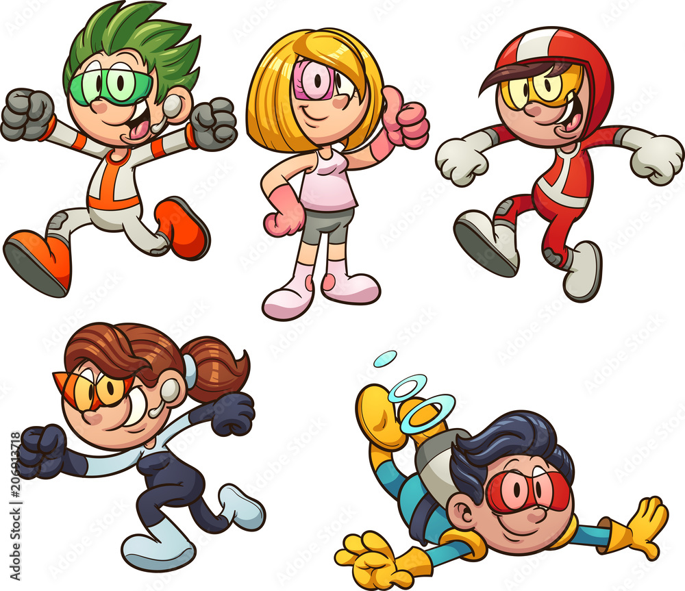 Cartoon kids from the future with technological space suits. Vector ...