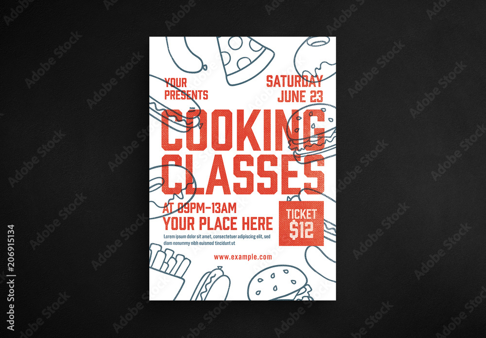 Cooking Class Flyer Layout with Outlined Food Illustrations Stock ...